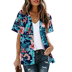 Hawaii Shirt Women Hawaiian Tshirt Floral Leaves Tee Tropic Beach Shirt Button Up Shirt Summer Vacation Shirt Blue