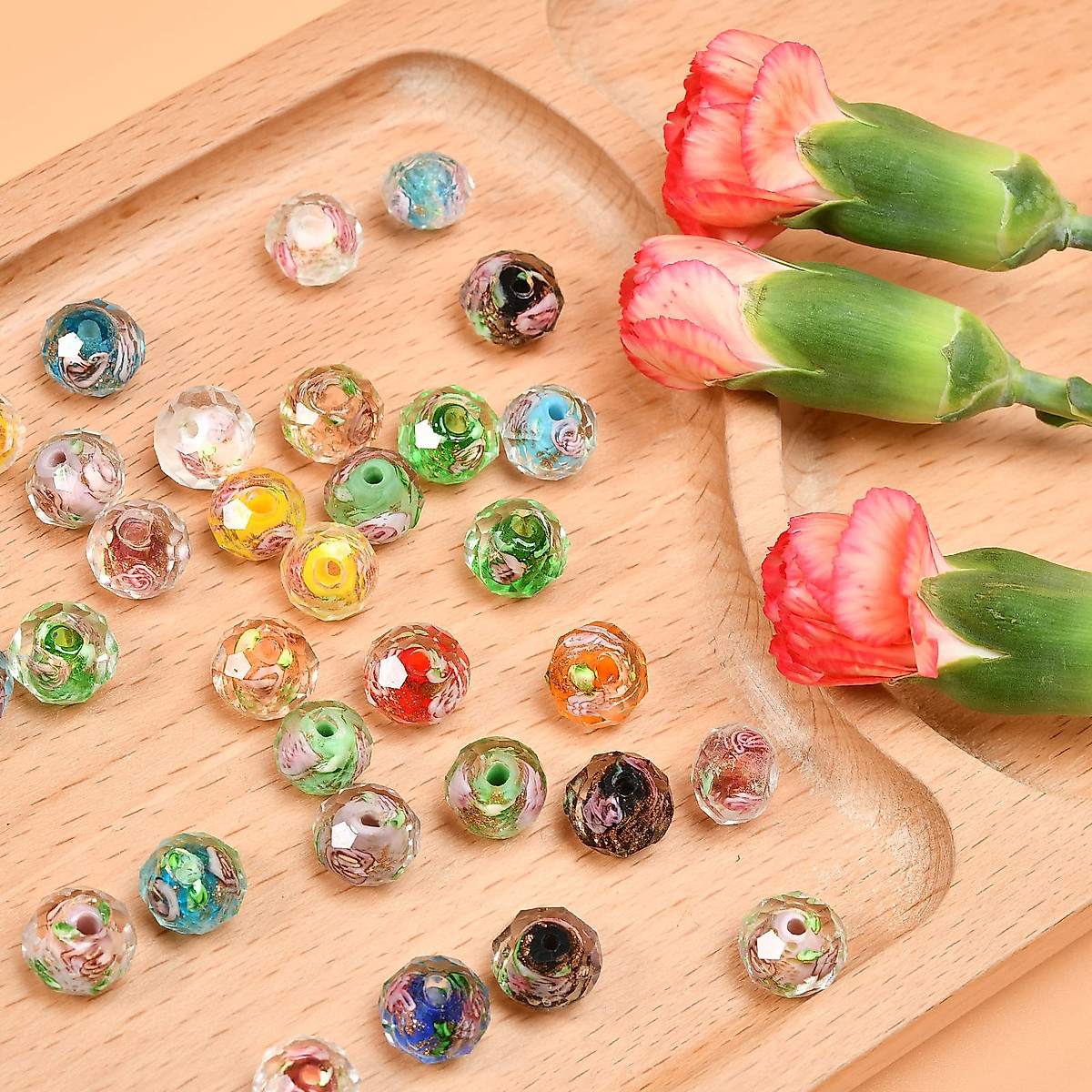 80pcs Flower Glass Bead Gold Sand Lampwork Beads Glass Handmade Round Loose with Hole 2mm Beads for Rosary Making Jewelry Craft Making (10MM)