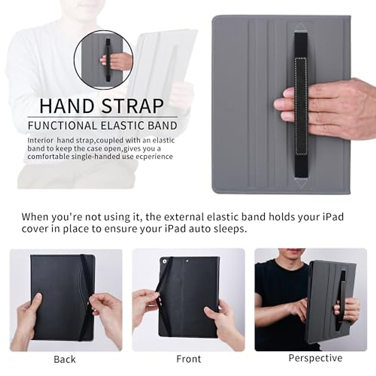 HFcoupe 10.2 Case for iPad 9th Generation 2021 / 8th Gen 2020 / 7th Gen 2019, Multiple Angles Viewing Leather Folio Protective Cover with Pencil Holder and Pocket Auto Sleep/Wake -Black