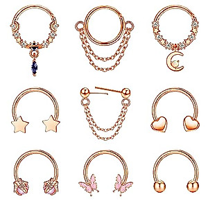 CASSIECA 9Pcs 16G Septum Rings for Women Surgical Steel Septum Jewelry Hinged Nose Rings Hoop CZ Butterfly Horseshoe Cartilage Earrings Hoop Helix Tragus Daith Piercing Jewerly