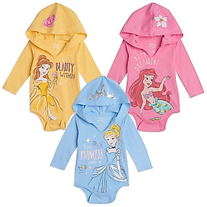 Disney Princess Cinderella Belle Ariel Newborn Baby Girls 3 Pack Cuddly Bodysuits Multicolored 3-6 Months
