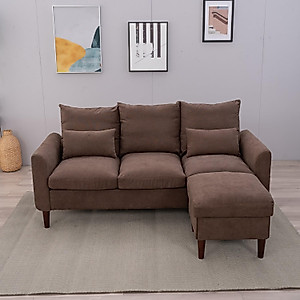 Panana Convertible Sectional Sofa Couch, 3-seat L-Shaped Couch with Ottoman, Couches with Linen Fabric, with Moveable Ottoman for Apartment/Upstairs Loft/Living Room (Brown - Curved Arm)