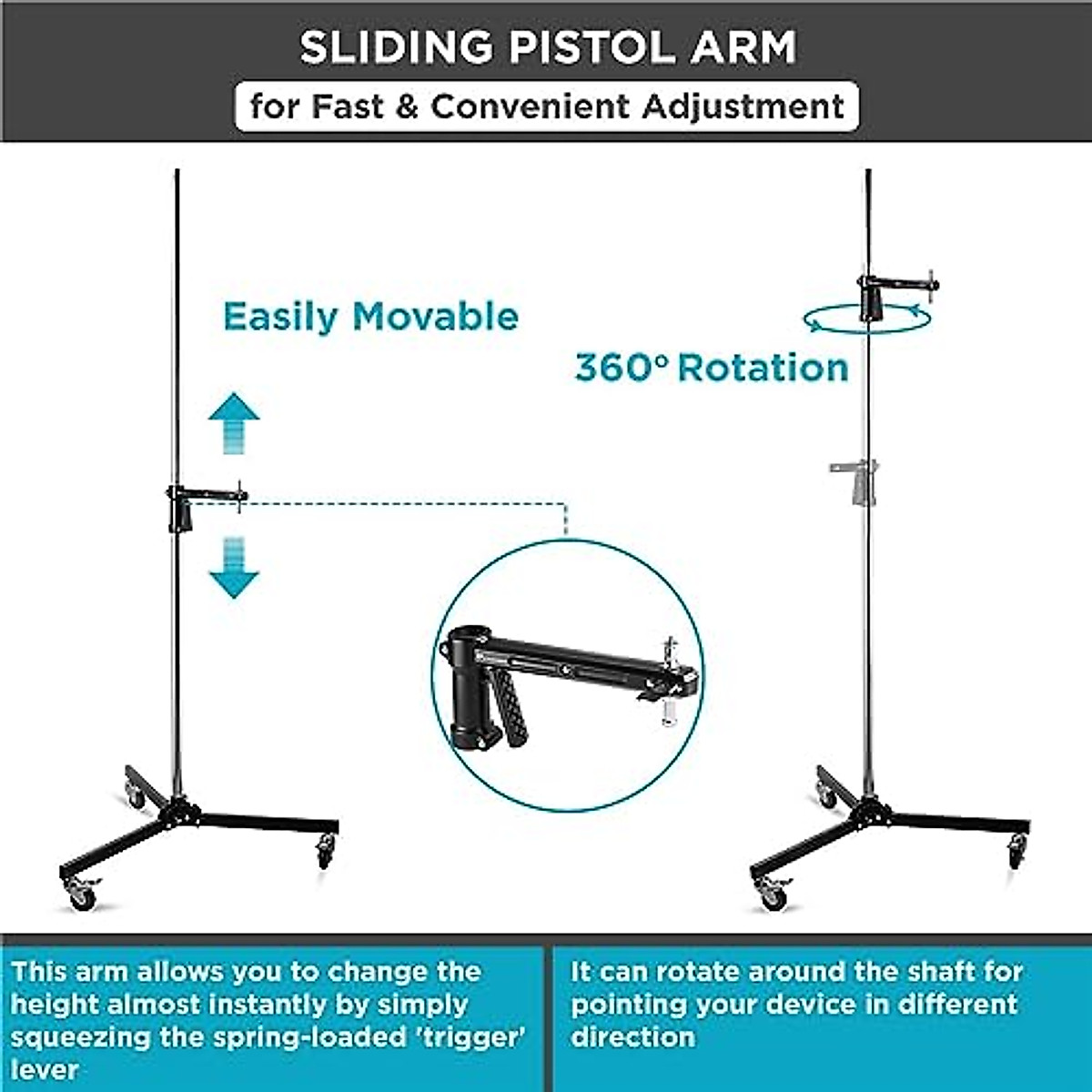 Flashpoint RB-PG Steel Wheeled Pistol Grip Heavy Duty Light Stand for Photography w/Sliding Arm & Chrome-Plated Column Stand, Max. Height 6.5' Max. Load 22 Lbs, Suitable for Light Stand Photography