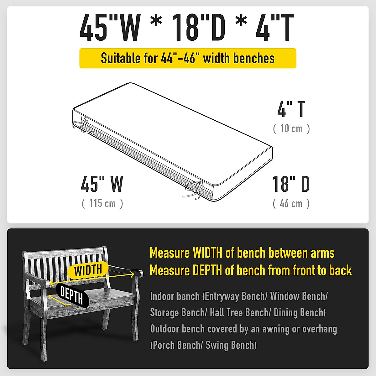SUNROX DryFast Foam Outdoor Bench Cushion with DryMesh Drainage, All-Weather FadeShield Water Resistant Patio Furniture Cushions, Ultra Durable Low Maintenance Bench Seat Pads 45"x18" Cream