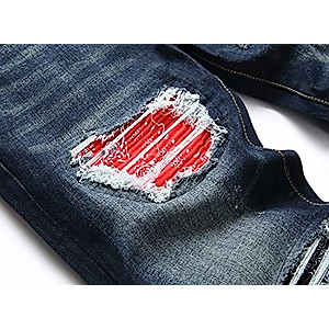 OIIIO Men's Patch Ripped Stretch Regular Fit Jean (32, Dark Blue-6618)