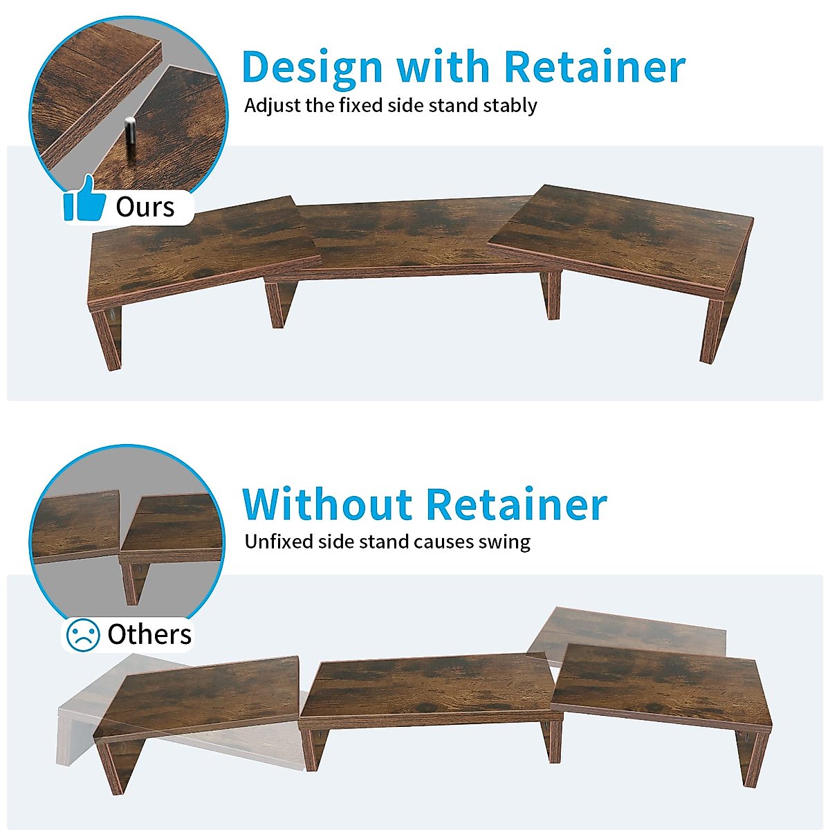 TEMI Monitor Stand Riser for 2 Monitors, Dual Monitor Riser Wood for Desk Standing, Wooden Computer Monitor Riser with Adjustable Angle and Length for Laptop, Computer, TV, PC and More (Rustic Brown)