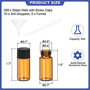 PATIKIL 5ml Amber Glass Vials, 200 Pack Sample Vials with Screw Cap Reagent Media Bottle with 10 Dropper and 5 Funnel Leak-Proof Liquid Vial for Lab Laboratory