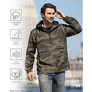 Global Blank Windbreaker Men’s Rain Jacket, Waterproof Hoodie Zip-Up Anorak, Black, Large