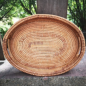 Large Handmade Oval Basket, Wicker Fruit Bowls, Rattan Serving Tray with Handles, Coffee Table Décor for Bread, Snack, Vegetable, Odds and Ends, L, 15.2 Inch