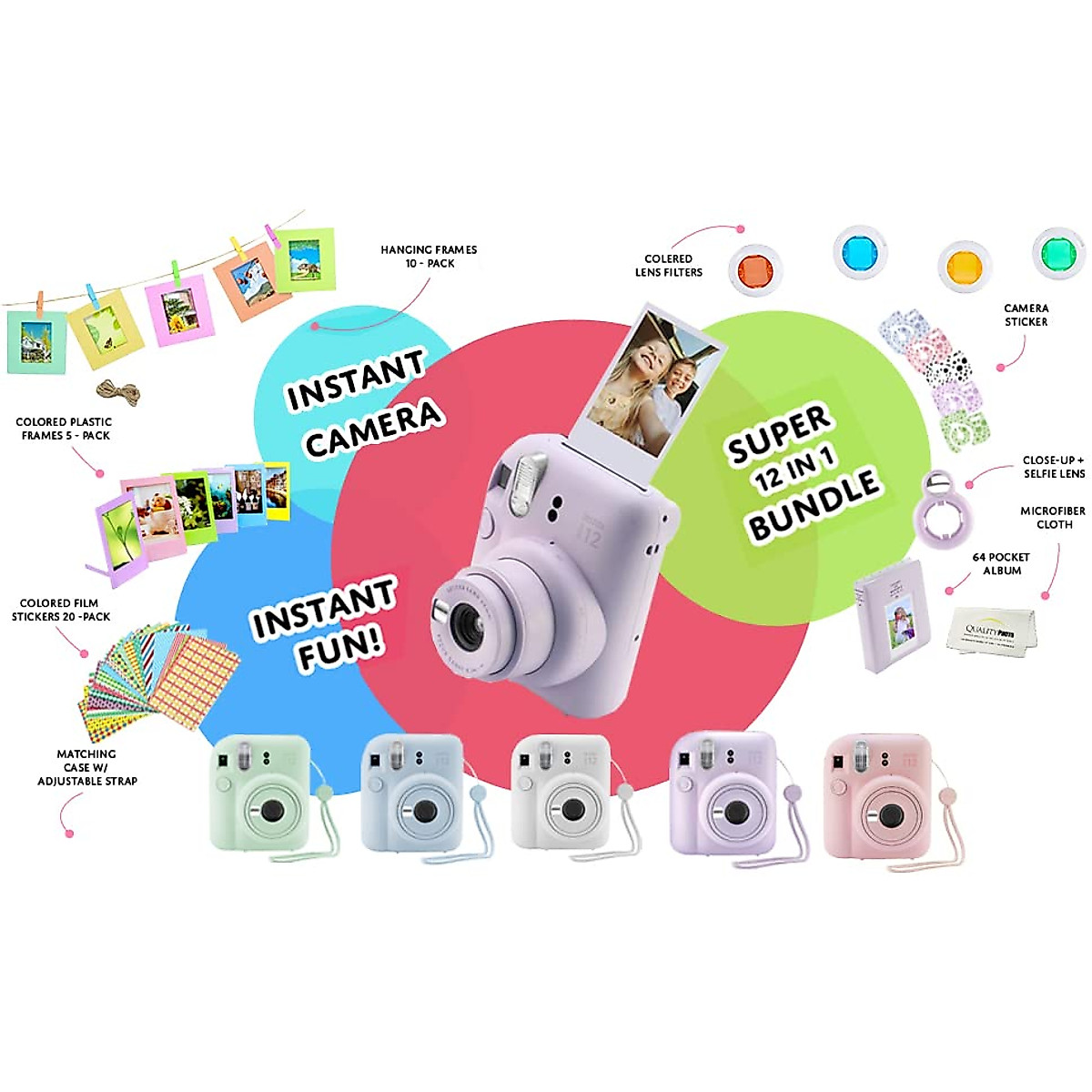 Fujifilm Instax Mini 12 Instant Camera with Case, 20 Fujifilm Prints, Decoration Stickers, Frames, Photo Album and More Accessories (Lilac Purple)