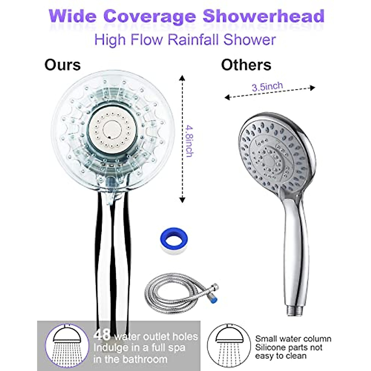 Led Shower Head with Handheld, BBtang 5''Detachable Shower Head with Hose 7 Color Changing Light SPA Spray Showerhead, High Pressure Water Saving Shower Heads Built-in 60 Inch Long Hose