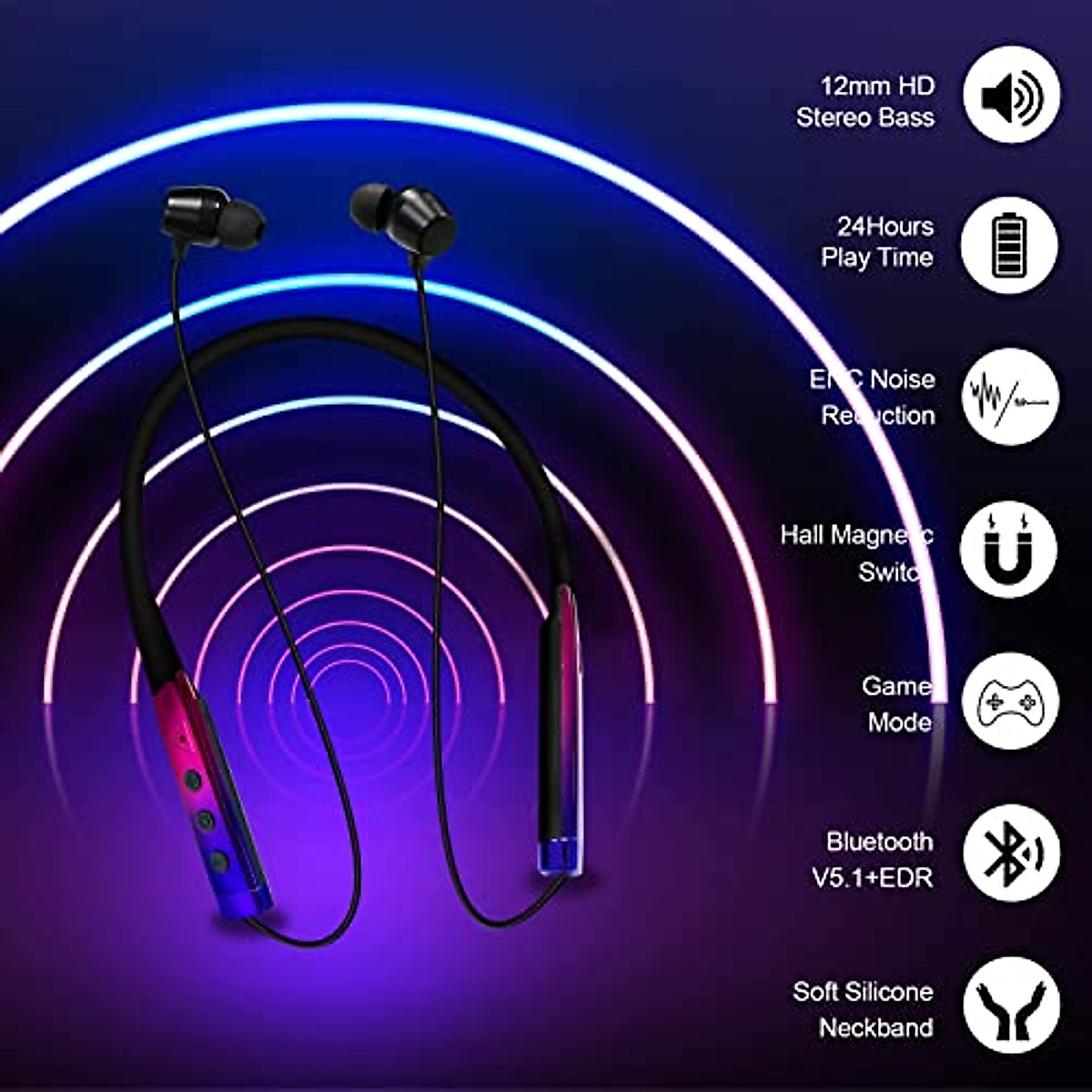 Neckband Bluetooth Headphones Wireless In-Ear Extra Bass Headet with Mic, V5.1 Bluetooth Earbuds 24H Playtime, 10 mm Drivers, IPX7 Waterproof for for Phone Call Music Sports (Laser Purple)