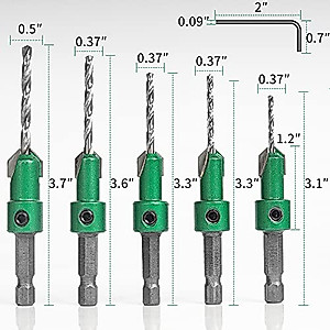 KOWOOD Pro Countersink Drill Bit Set #4, 6, 8, 10, 12, 5-Piece for Wood,High Speed Steel Woodworking Carpentry Reamer with 1 Free Hex Key Wrench