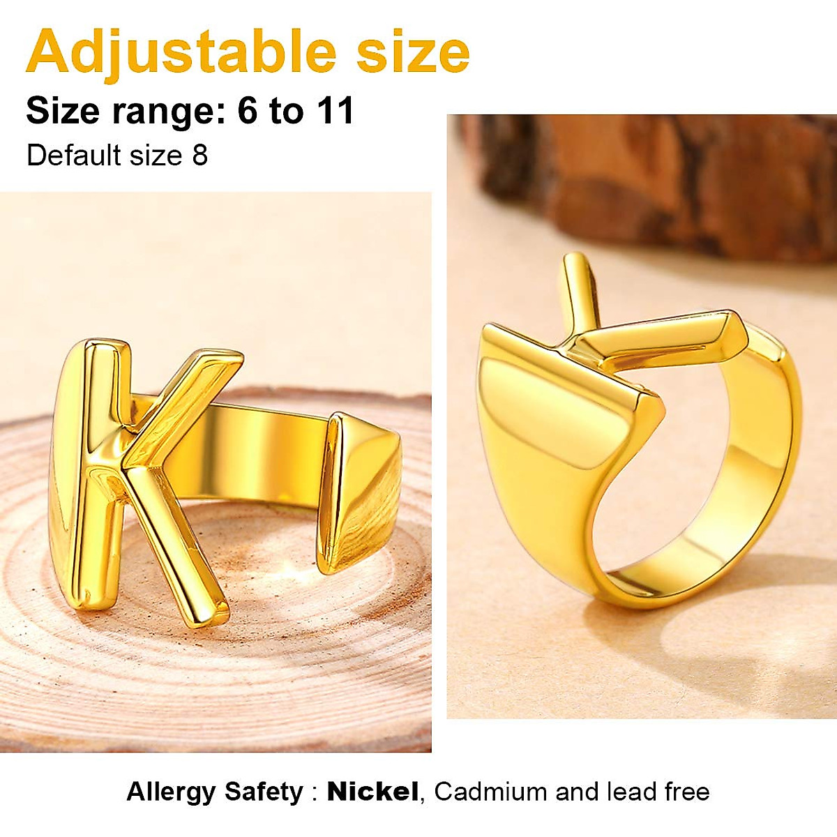 FindChic Gold Letter Ring Initial K Statement Open Rings for Women Alphabet Knuckle Middle Finger 18K Gold Plated Chunky Adjustable Fashion Name Rings Personalized Jewelry Gift