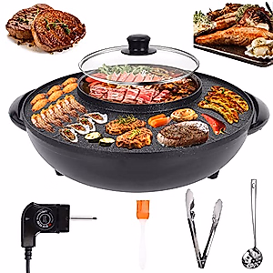 Electric Smokeless Grill and Hot Pot 2 in 1, Multifunctional Round Pot, Hot Pot Plate, Korean Barbecue Electric Smokeless, Non Sticky Pot Black 110v.