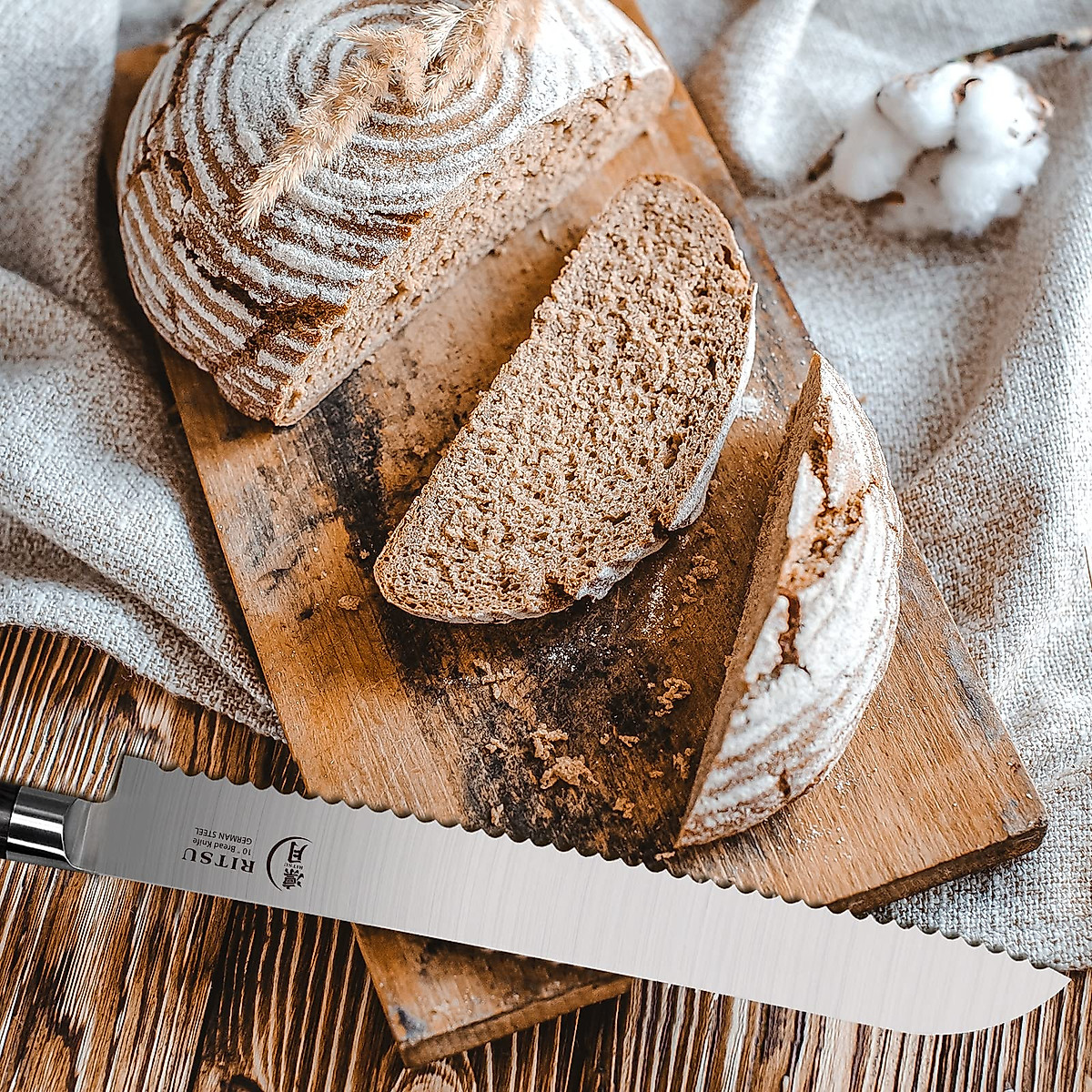 RITSU Bread Knife 10 Inch Serrated Knife, Professional Serrated Bread Knife, German High Carbon Steel Bread Slicer with Ergonomic Handle for Homemade Bread Slicing