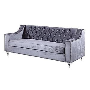 Iconic Home Dylan Velvet Modern Contemporary Button Tufted with Silver Nailhead Trim Round Acrylic Feet Sofa, Grey