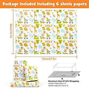 Gift Wrapping Paper for Baby Boys Girls Infant Kids, 6 Sheets Forest Animals Lion Giraffe Elephant Monkey Crocodile Wrapping Paper Sheet, 20 x 30 Inch Gift Paper for Baby Shower Birthday Kindergarten