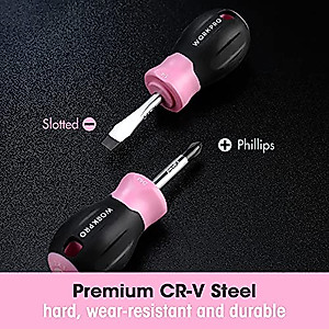 WORKPRO Magnetic Screwdrivers Set, 8-piece Pink Hand tools for Womens, Includes Philips, Flathead, Slotted, Stubby Screwdrivers with Organizer Rack - Pink Ribbon