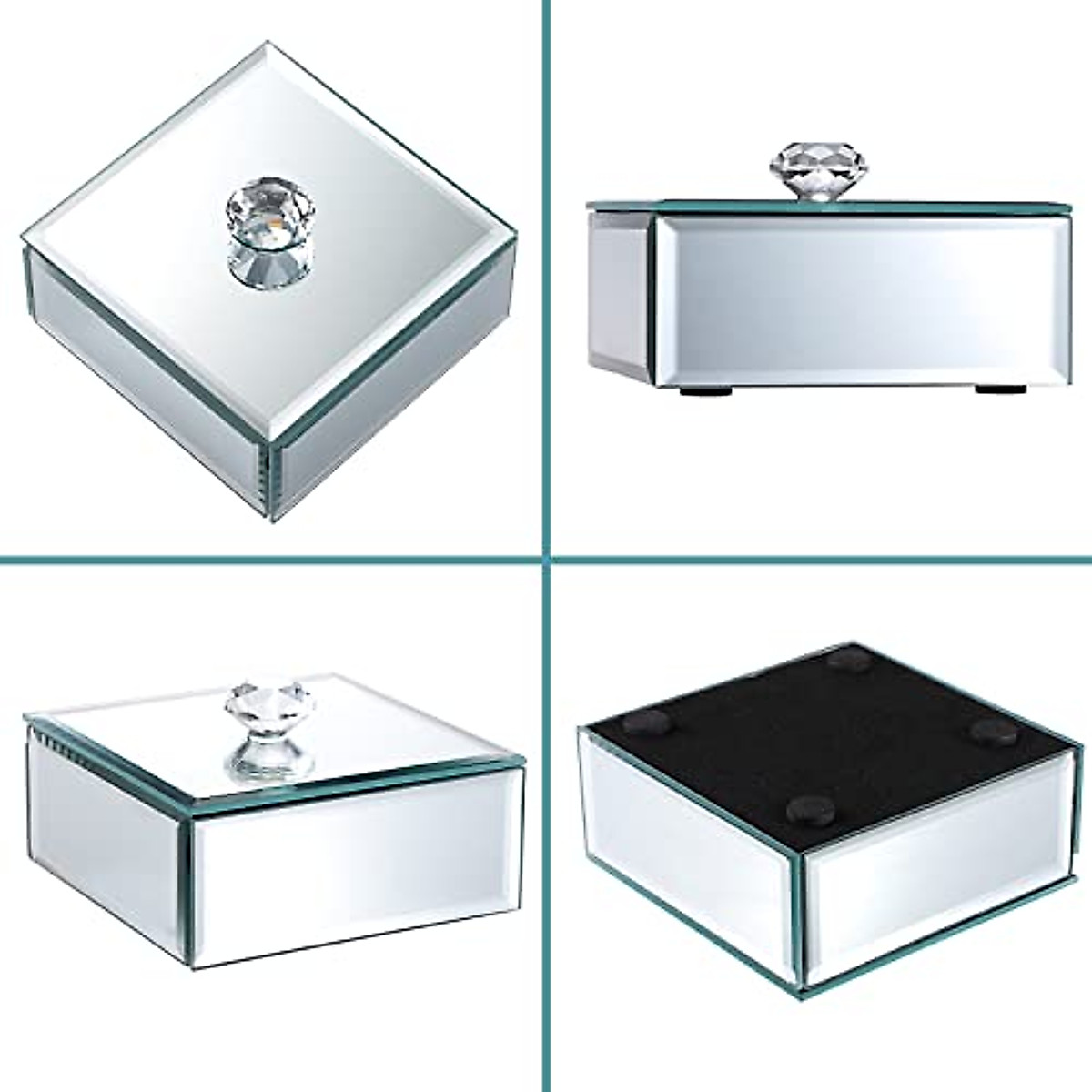 Hipiwe Silver Glass Mirrored Jewelry Box with Crystal Handle Square Trinket Organizer Treasure Chest Case Classic Keepsake Box for Storage Rings Earrings Necklace Bracele (Small, Silver)