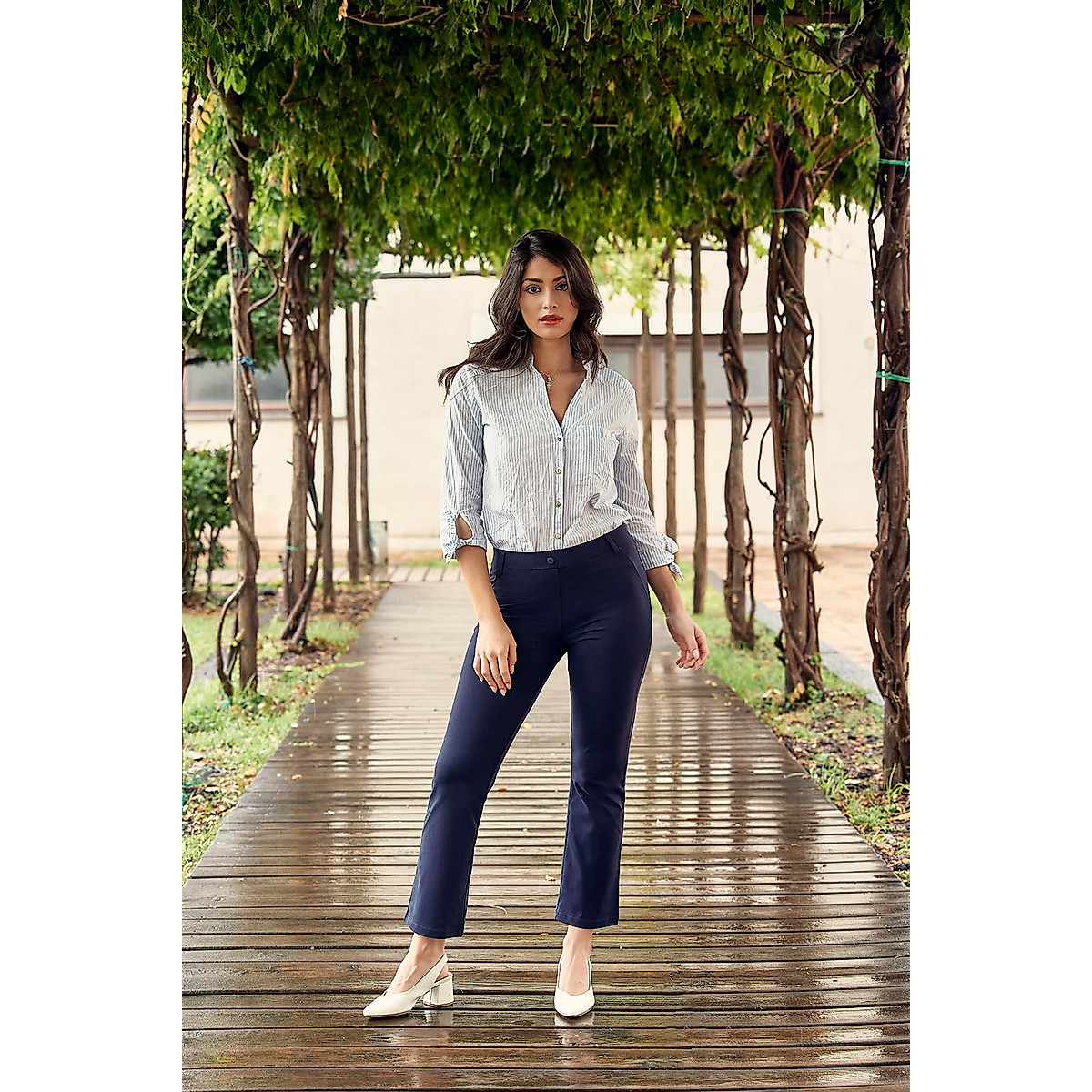 Yogipace,Belt Loops,Women's Flare Cropped Dress Yoga Pants Capris Stretchy Work Ankle Pant,29",Black,Size XL