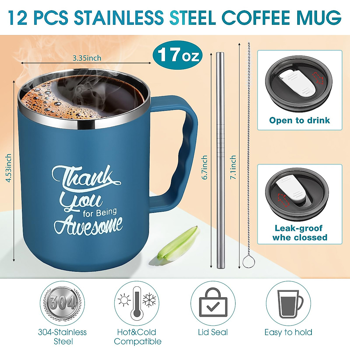 Umigy 12 Pcs Employee Appreciation Coffee Mug Gift Bulk Christmas Thank You 17oz Drinking Cup Stainless Steel Insulated Travel Tumbler National Boss Day Gift Therapist Gift for Nurse Women Teacher