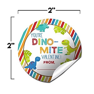 Dino-Mite Dinosaur Valentine Party Favor Sticker Labels for Boys, 40 2" Party Circle Stickers by AmandaCreation, Great for Classroom Valentines, Envelope Seals, Gifts & Treats