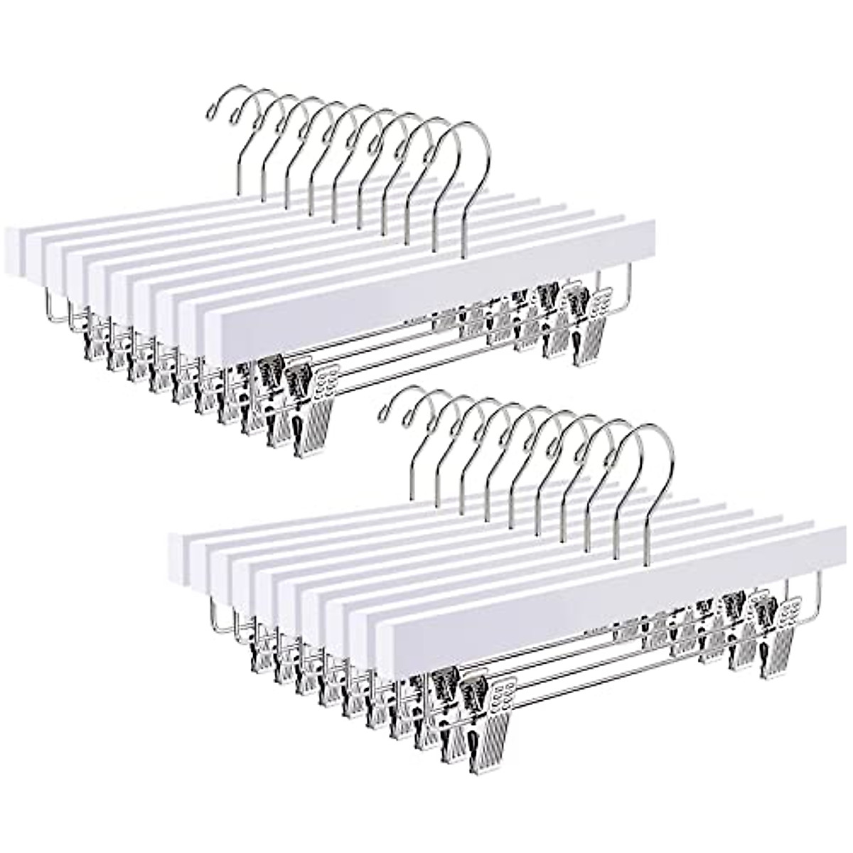 Amber Home White Wooden Pants Skirts Hangers 24 Pack, Solid Wood Trousers Bottom Hanger with 2-Adjustable Clips, Clips Hangers for Slacks, Jeans, Shorts (White, 24 Pack)