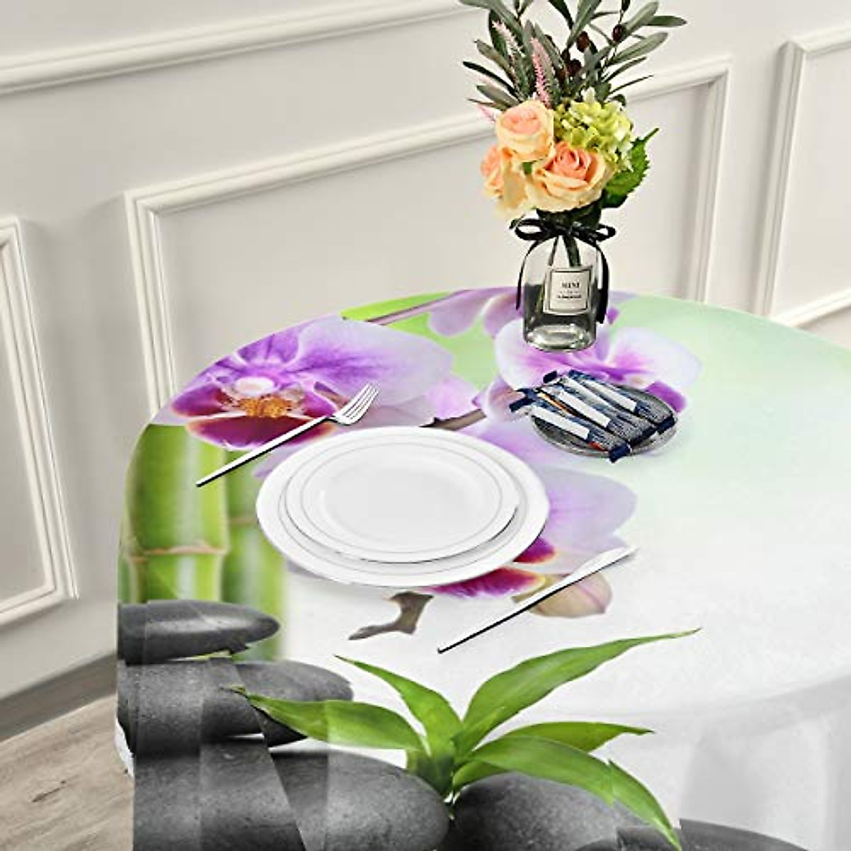 Pfrewn Spa Zen Garden Round Tablecloth Basalt Stones Orchid Table Cloth Cover Mat Lace Washable Polyester 60" Dining Decorative for Holiday Home Party Wedding Picnic
