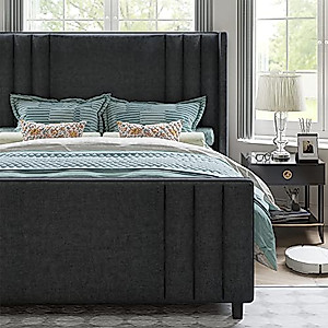 AMERLIFE Queen Size Bed Frame, Velvet Upholstered Platform with Vertical Channel Tufted Headboard & Footboard/Wingback, Mattress Foundation Wood Slats, No Box Spring Needed, Grey (BF-004)
