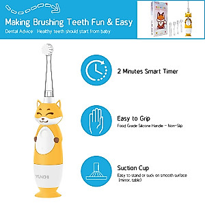 YUNCHI Baby Toothbrush, Toddler Toothbrush Age 0-4 Years, K3 Sonic Baby Electric Toothbrush with LED Smart Timer, BPA Free Baby Toothbrush 0 Months and up, Baby Toddler Electric Toothbrush 4 Heads