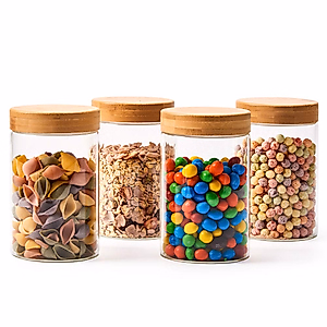 EZOWare Set of 4 Airtight Glass Jars, 46 Fl oz Large Storage Clear Canister Container Set with Bamboo Lid for for Storing Candy, Cookie, Rice, Sugar, Flour, Spices, Nuts, Coffee, Pasta
