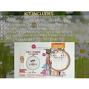 Maker Susan Loves Reading Pattern Counted Cross Stitch Kits for Adults and Beginners with Wooden Hoop, DMC Fabric, Threads and Needles, Embroidery Thread Floss Organizer Cards, Embroidery Kit (E2002)