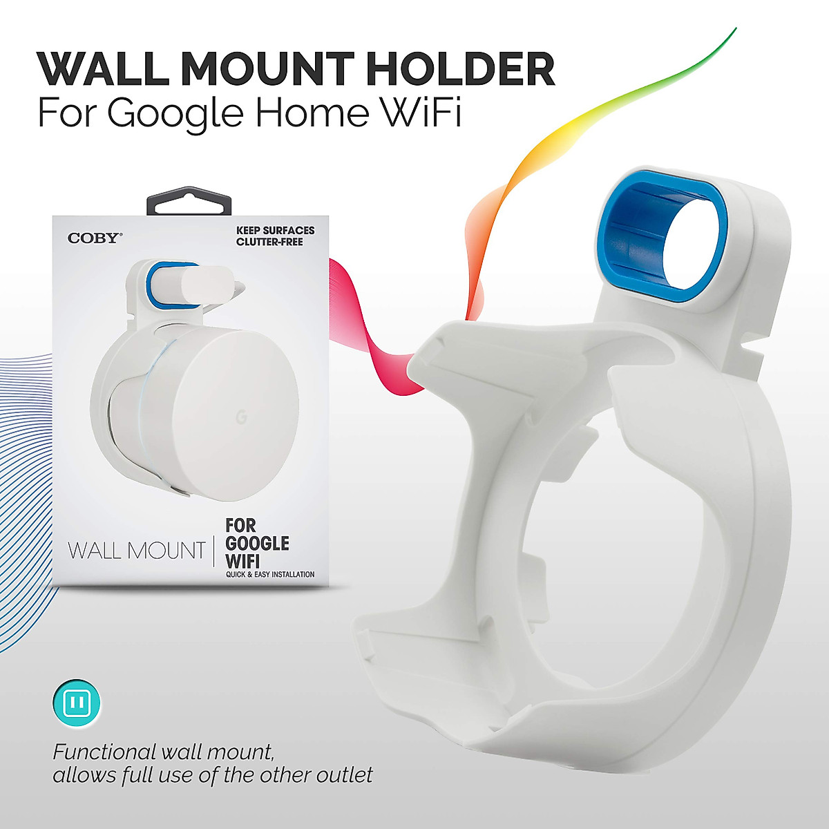 COBY WiFi Wall Outlet Mount Holder, Compact Cable Management Case, No More Tangled Cords! - White