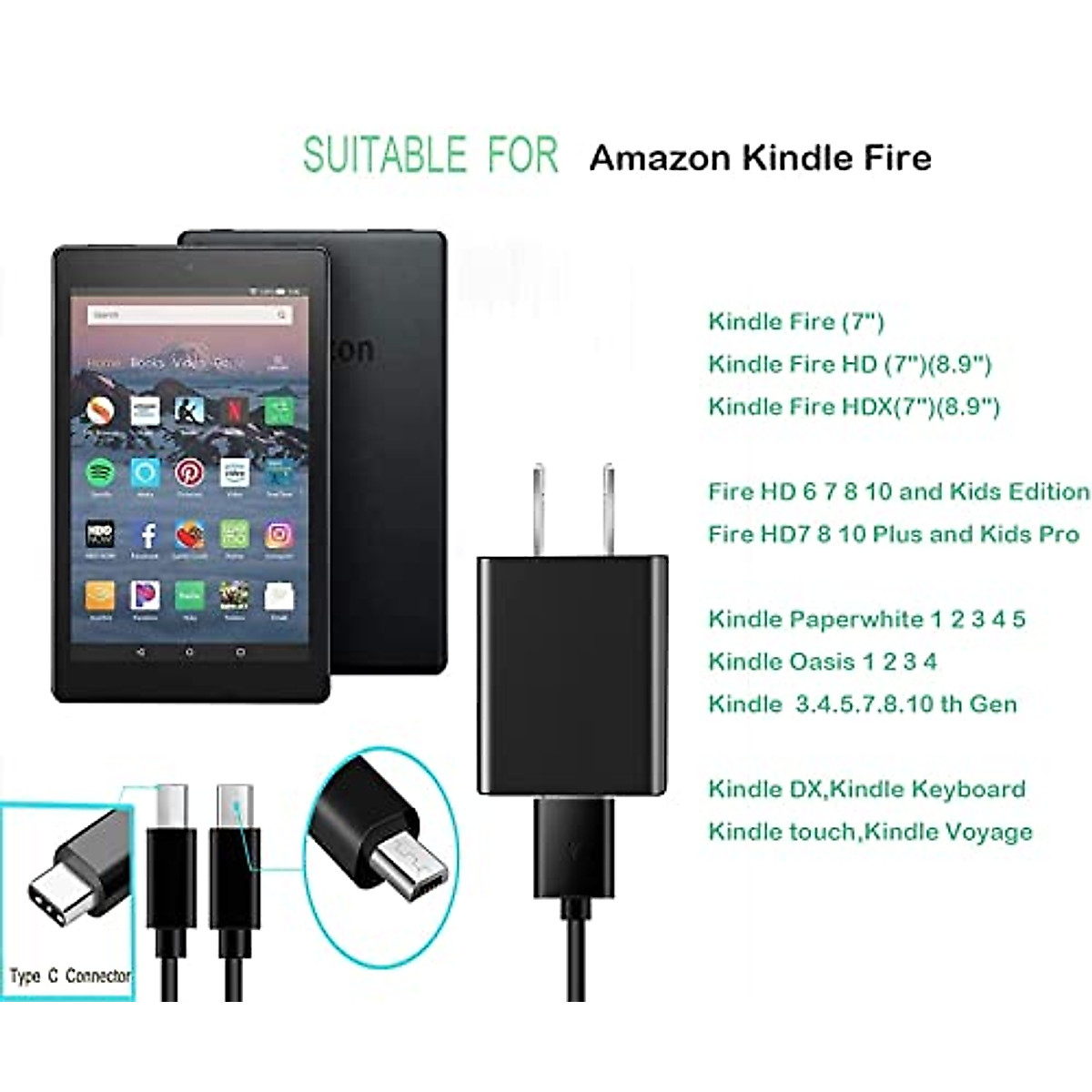Tablet Charger with 5Ft Charging Cable for Charging All New Amazon Fire HD6 7 8 10/Fire 8 10 Plus/Kids Pro/Kids Edition/Fire HD HDX7''8.9''/Fire 1st-12th Gen 2011-2022 and Samsung Galaxy Tab A