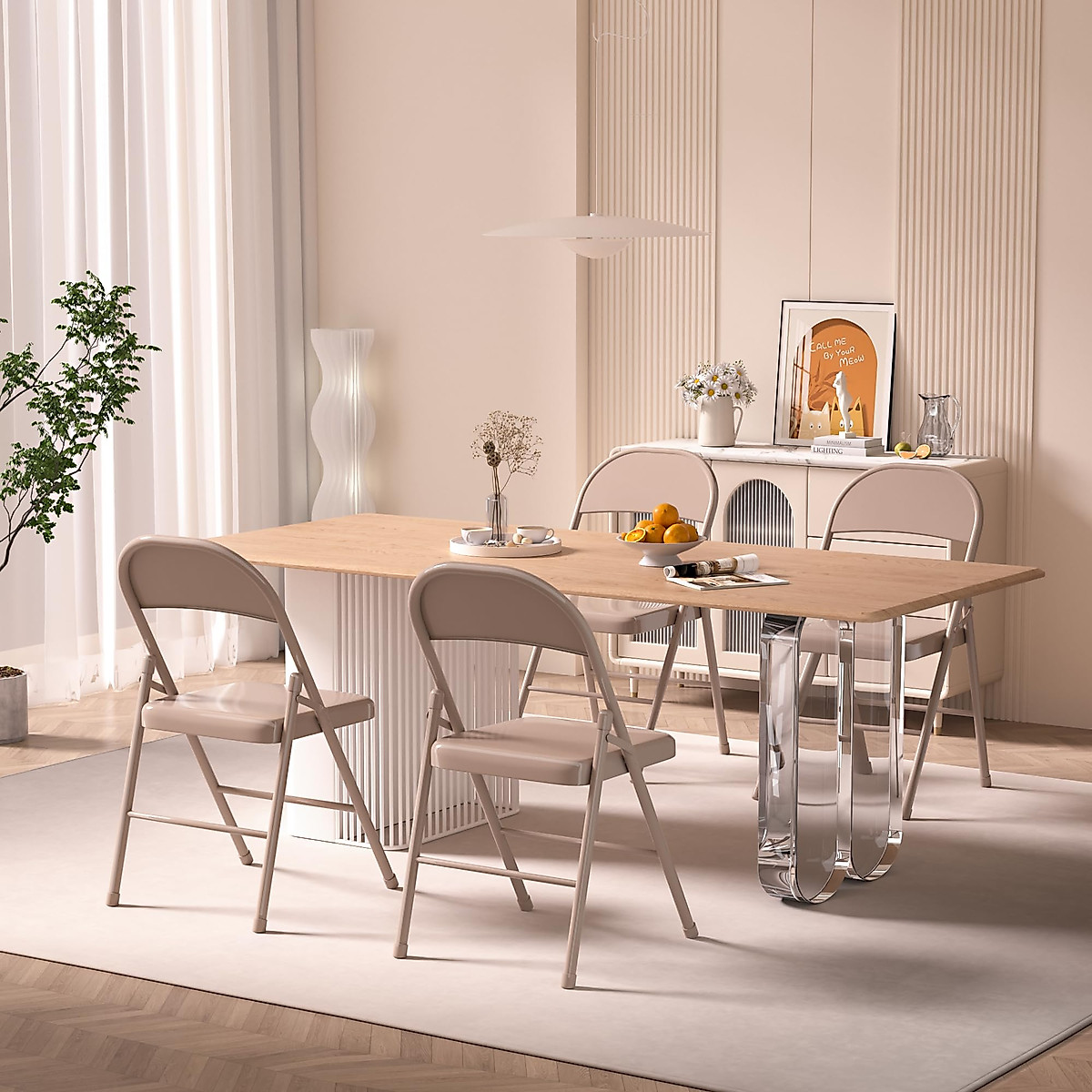 VECELO Folding Chairs Metal Frame Steel Seat with Triple Braced for Home Office,No-Assembly Heavy-Duty&Stackable Space Saving, Set of 4, Beige