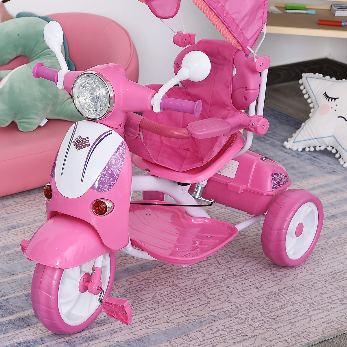 Qaba Children Ride-On Moped Tricycle with a Stylish Design & Interactive Music & Lighting Functions Pink