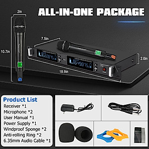 happymusic Professional UHF Wireless Microphone System, 2 Channel Metal Microphone Set of 2 Handheld Cordless Mics, Auto Scan, Up to 350ft for Singing, Home Karaoke, Church, Wedding (UT22)