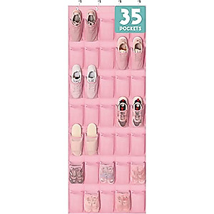 Over The Door Shoe Organizers Pink with 35 Durable Mesh Pockets Baby Organizer Storage Hanging Shoe Organizer Shoe Holder Rack For Toddler Girl Room Baby Room Craft Room Bedroom Pantry Bathroom Closet