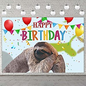 Sloth Happy Birthday Banner Backdrop Realistic Lifelike Adorable Animal Folivora Jungle Theme Decorations Decor for Safari Wild One 1st Birthday Party Baby Shower Favors Supplies Background Photo Booth Props