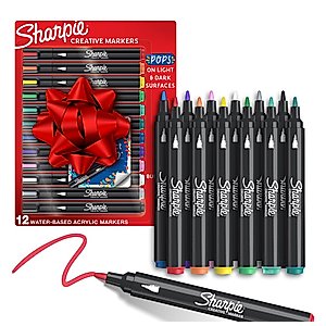 Sharpie Acrylic Creative Markers, Bullet Tip, Vibrant Assorted Colors, Non-Bleeding Water-Based Ink, Stocking Stuffers, Pack of 12