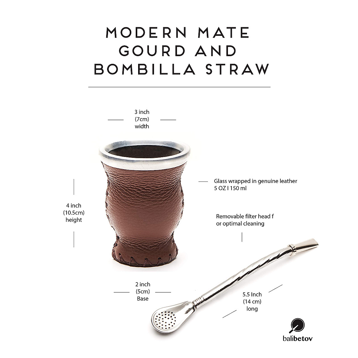 BALIBETOV [New Leather & Glass Yerba Mate Gourd Set (Mate Cup) with Yerba Mate Bombilla (Straw) (Brown)