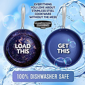 Granitestone Blue Non Stick Frying Pan, 10” Stainless Steel Pan for Cooking, Induction Frying Pan Nonstick, Egg Pan, Easy Cleanup, Stay Cool Handle, Ultra Durable, Oven Dishwasher Safe 100% Toxin Free