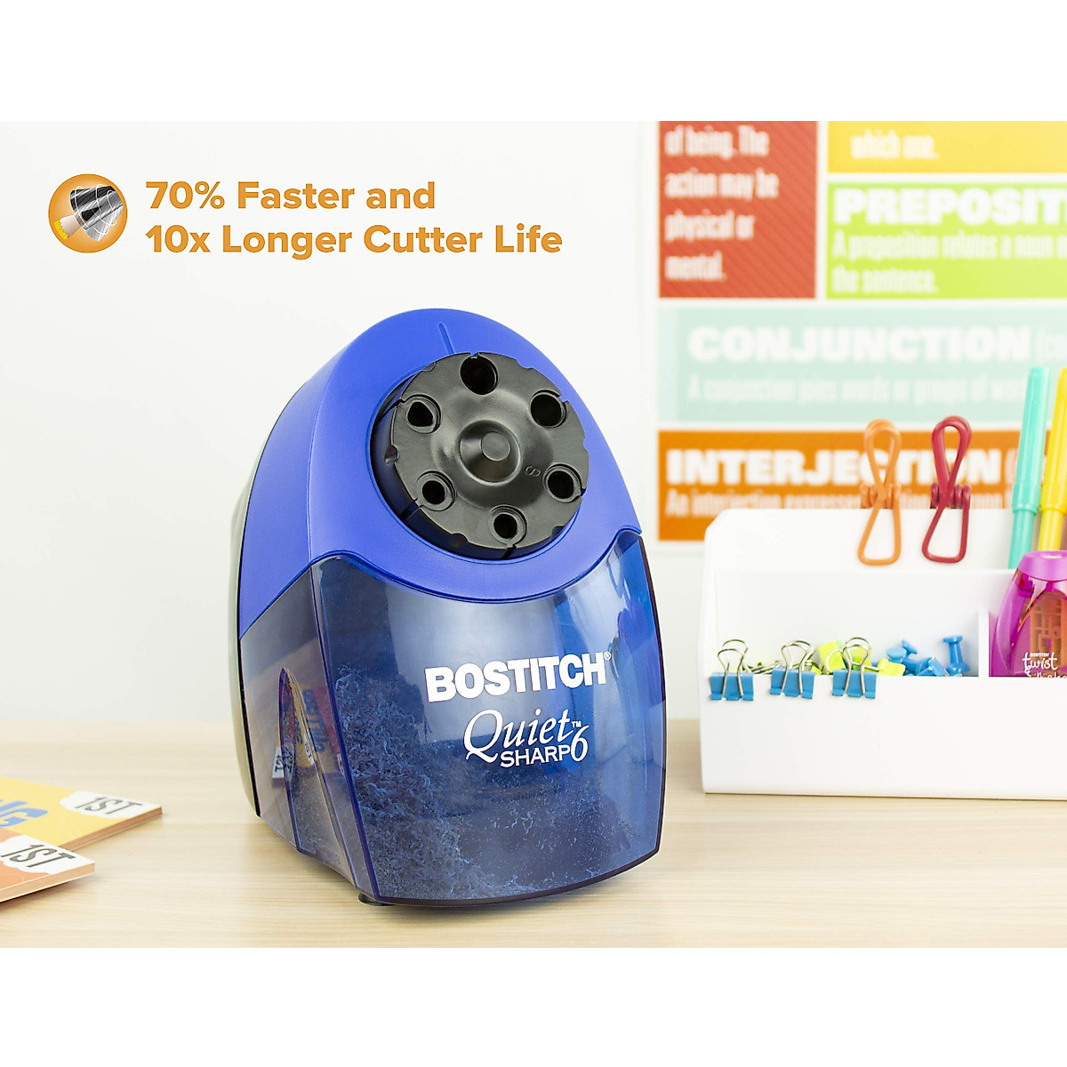 Bostitch Office QuietSharp 6 Electric Pencil Sharpener, Heavy Duty Classroom Sharpener, Size Selector with 6 Different Sizes, Perfect for Classroom and Homeschool Use, Blue