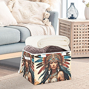 YMGQYJ Storage Cube with Lid Aztec Woman Print Collapsible, Large Capacity Foldable Storage Basket Bin Organizer 16.5×12.6×11.8 IN