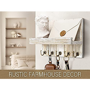 Rebee Vision Farmhouse Key Holder for Wall - Decorative Mail Organizer and Retro Key Hanger for Wall - 5 Sturdy Key Hooks with Small Floating Shelf for Rustic Apartment Essentials (Natural Wood)
