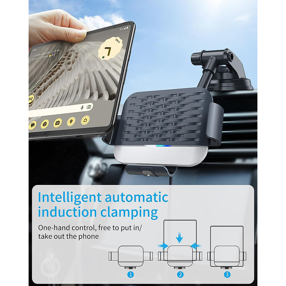 ANPULES Wireless Car Charger Mount for Google Pixel Fold, Dual Coil 15W Fast Charging Auto Clamping Car Charger for Pixel 8/ 8Pro, Dashboard Windshield Car Phone Holder for Google Pixel 7/7 Pro/6