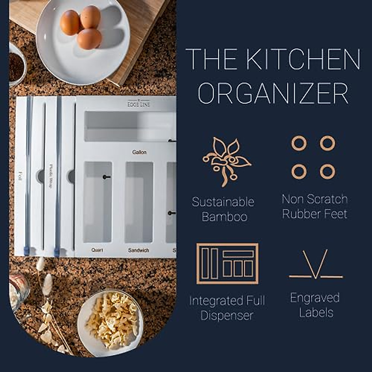 EDGE LINE White Bamboo Ziplock 6 Slot Storage Organizer - Food Storage Bags Organizer with 3 Doors - Kitchen Plastic Bags Storage - Gallon, Quart, Sandwich, Snack, Plastic Wrap, and Aluminum Foil