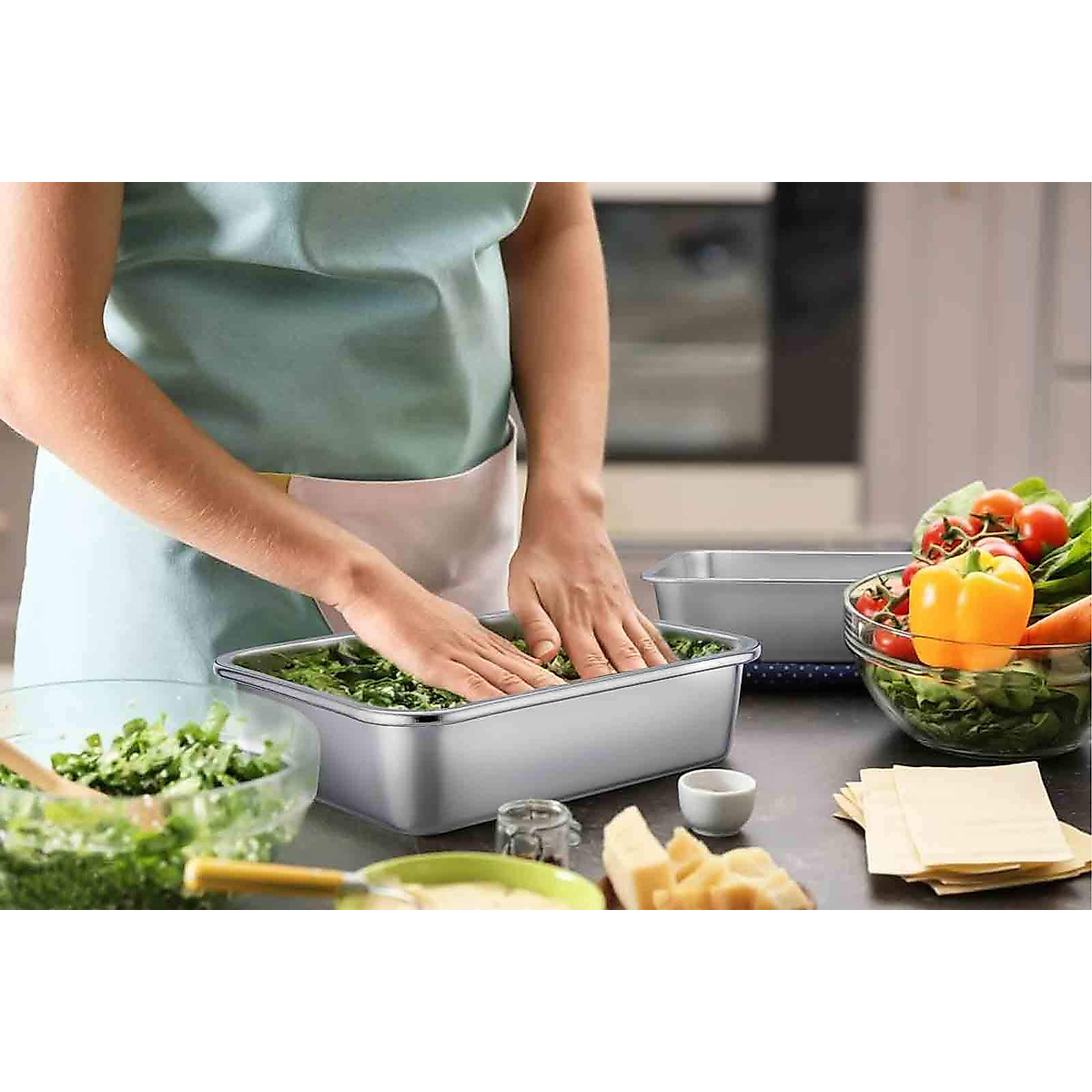 TeamFar Lasagna Pan, Rectangular Cake Pan Brownie Bake Dish Stainless Steel, 12.75’’×10’’×3.2", Heavy Duty & Healthy, Deep Side & Brushed Surface, Easy Clean & Dishwasher safe