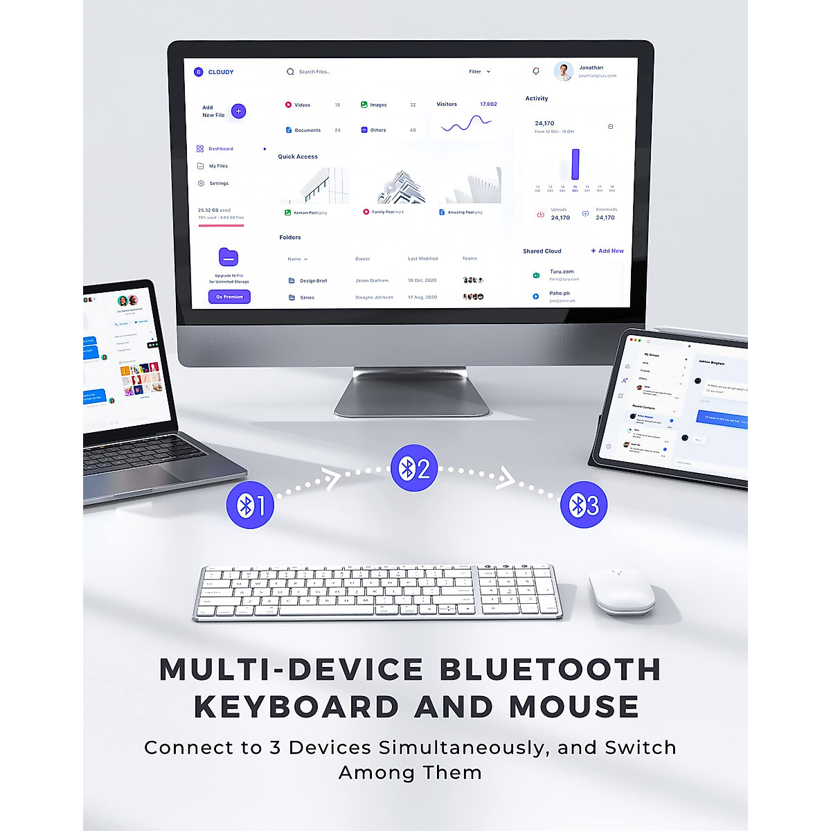 Wireless Bluetooth Keyboard and Mouse Compatible for Mac, seenda Stainless Steel Multi-Device Keyboard and Mouse Rechargeable with Number Pad, Compatible for Mac, iPad, iOS, Silver
